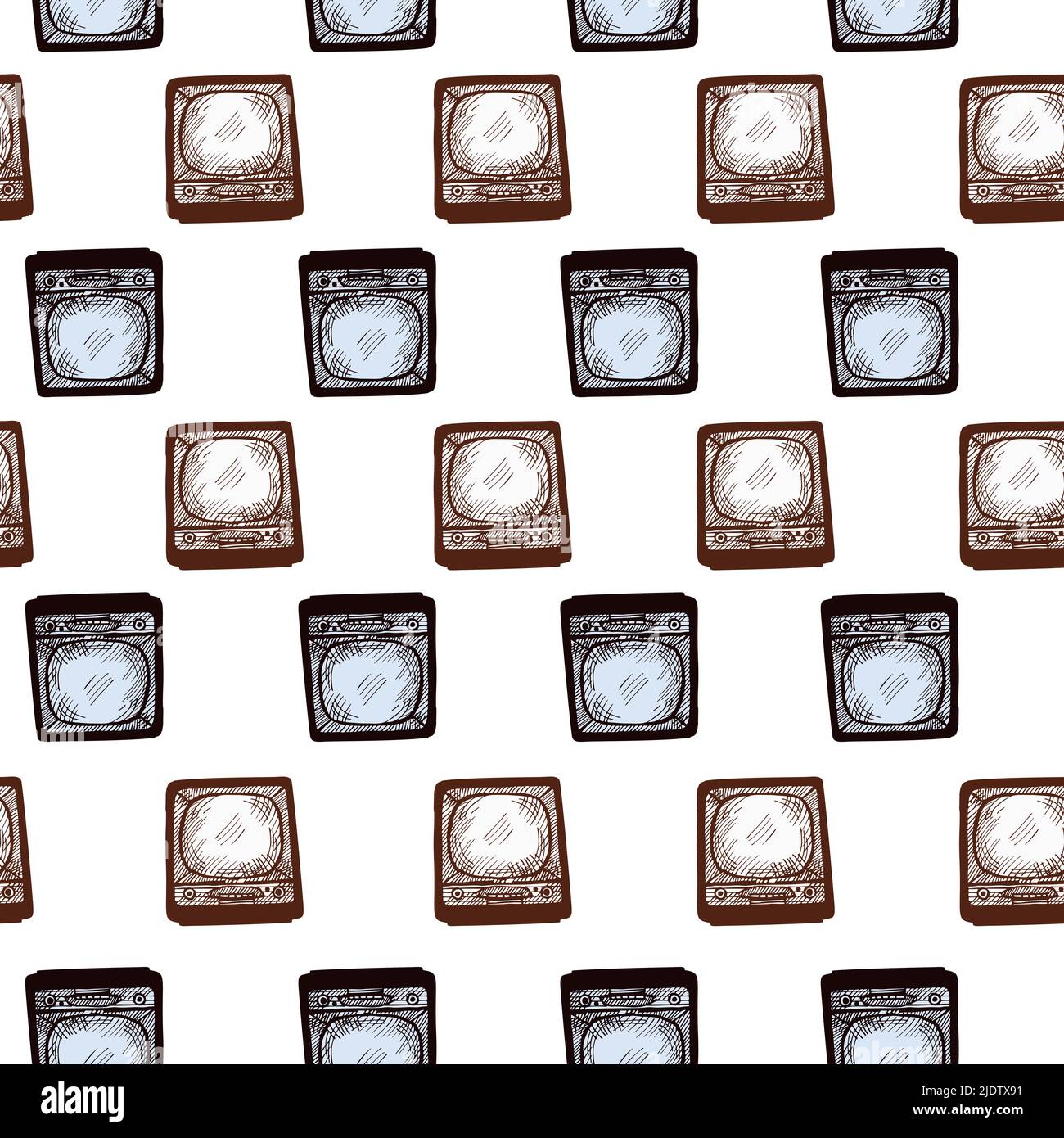 Retro TV engraved seamless pattern. Vintage television media equipment ...