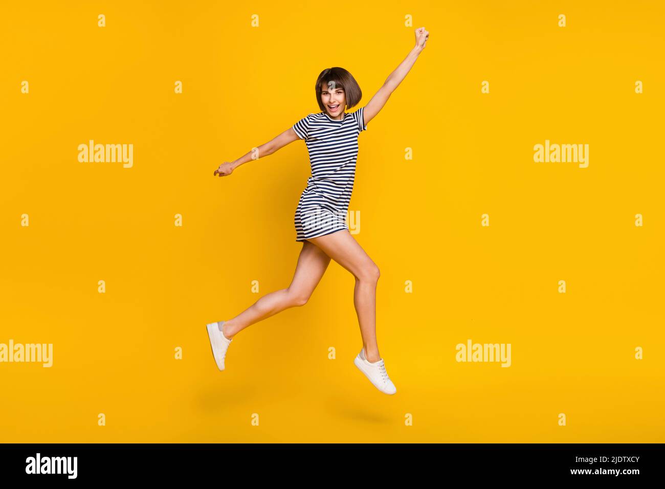 Full body photo of funny brunette millennial lady jump wear dress ...