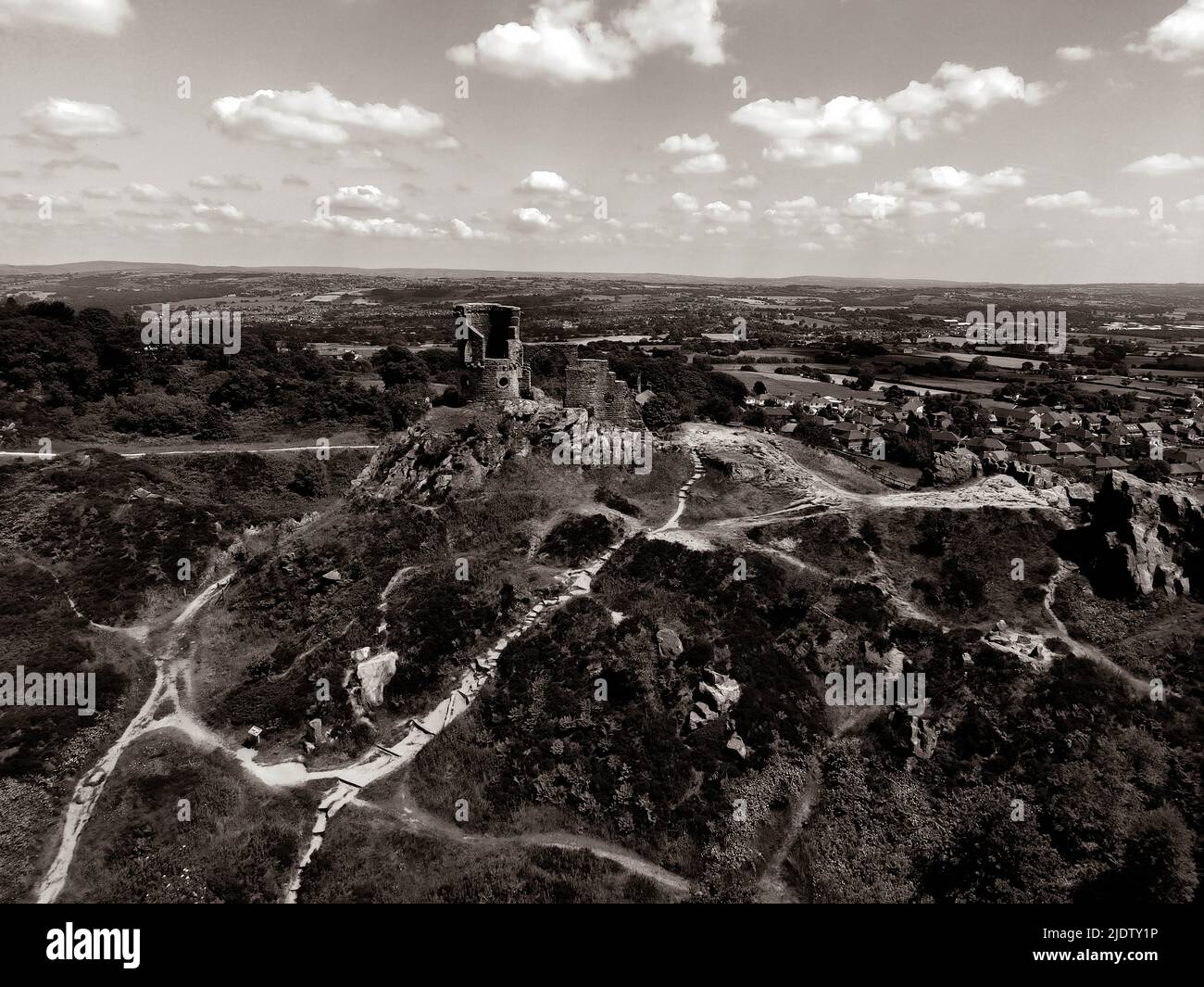 Mow Cop Aerial Drone Stoke on Trent Tourist Site Stock Photo - Alamy