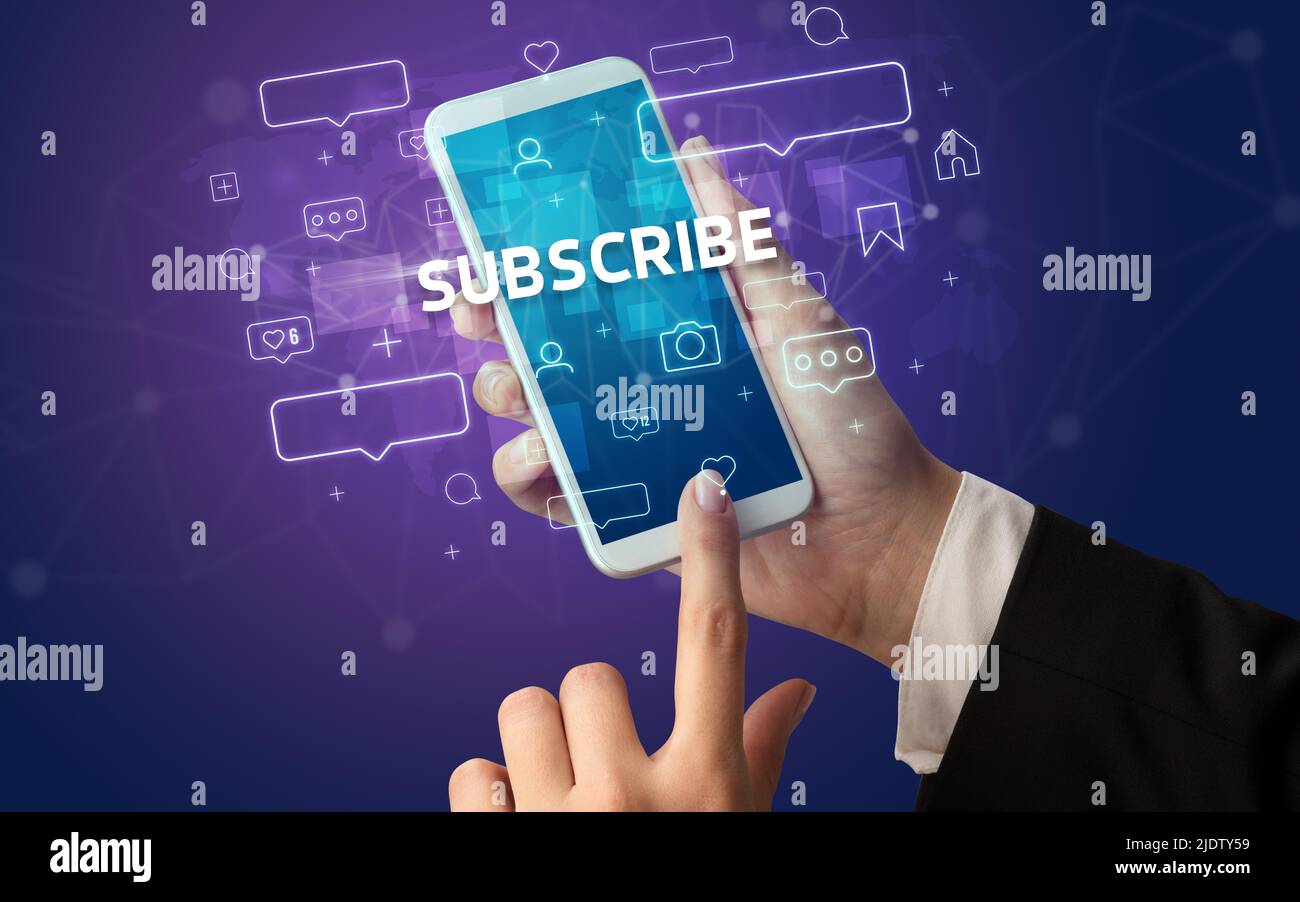 Hand using smartphone with social media concept Stock Photo - Alamy