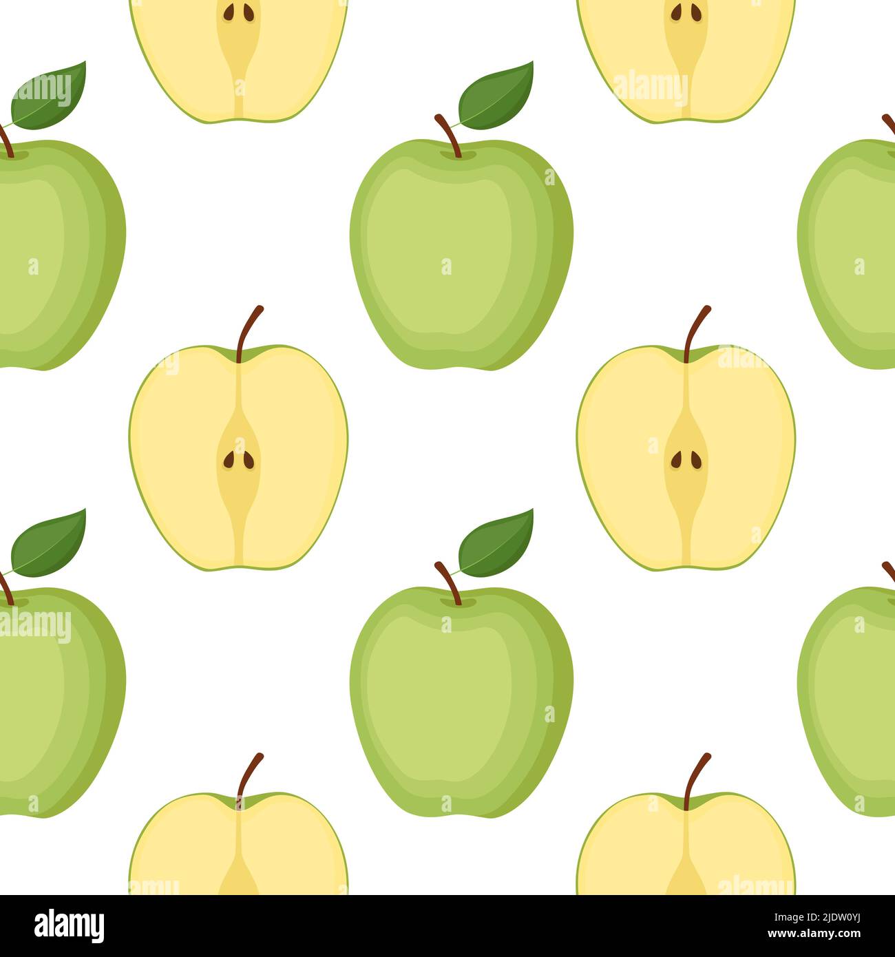 Seamless pattern with green apples, whole fruits and halves, vector ...