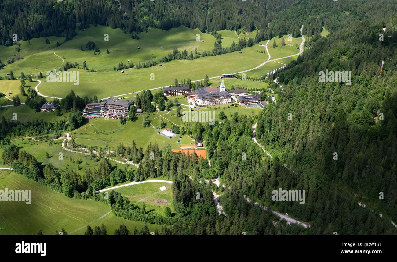 Elmau, Germany. 23rd June, 2022. Elmau Castle photographed from a ...