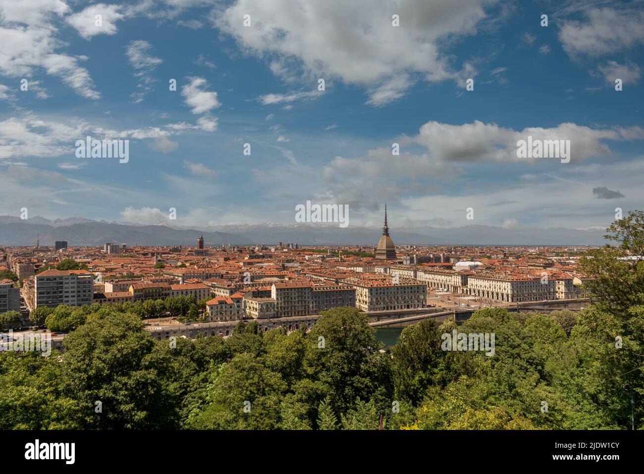 Turin, Piedmont, Italy - cityscape seen from above with piazza Vittorio ...