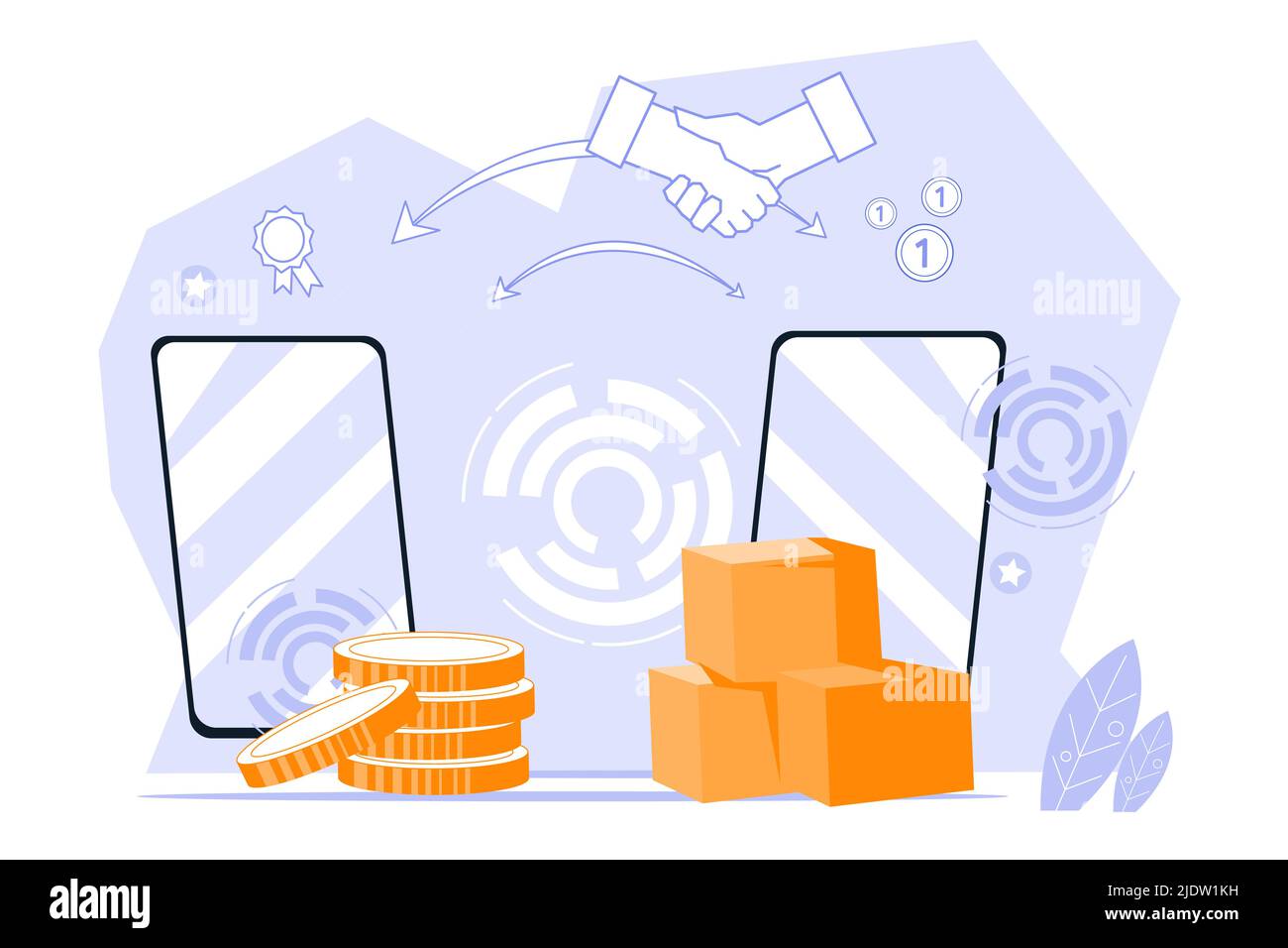 Online commerce, money transaction and goods shipping, banner flat ...