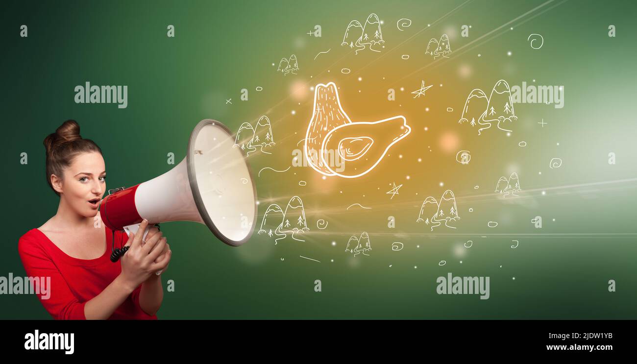 Young person with megaphone and healthy food icon Stock Photo - Alamy