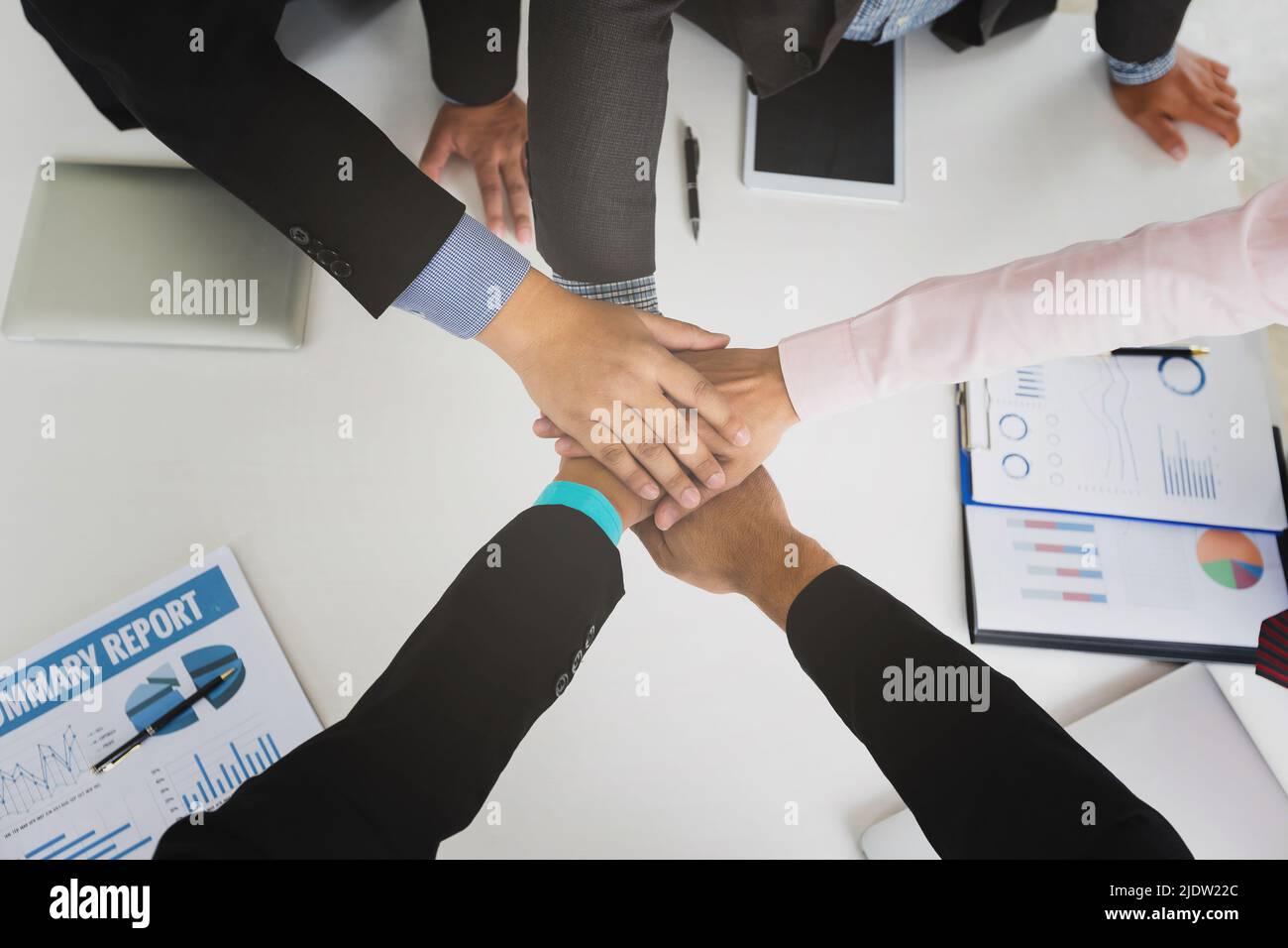 Concept of teamwork: Close-Up of hands business team showing unity with ...