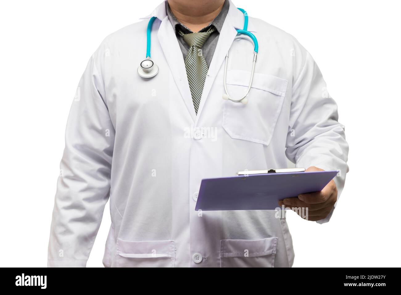 Doctor standing with stethoscope and holding chart diagnose isolated on ...