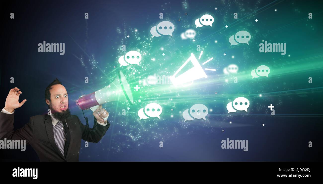 Young person with megaphone and business icon Stock Photo - Alamy