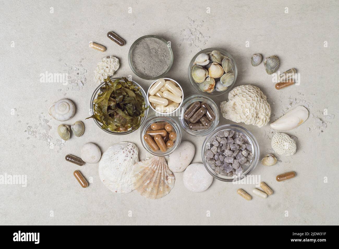 Dietary supplement from sea minerals in capsules, salt, seaweed and ...