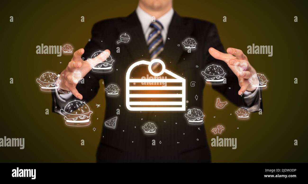 Hand holding food related icons Stock Photo - Alamy