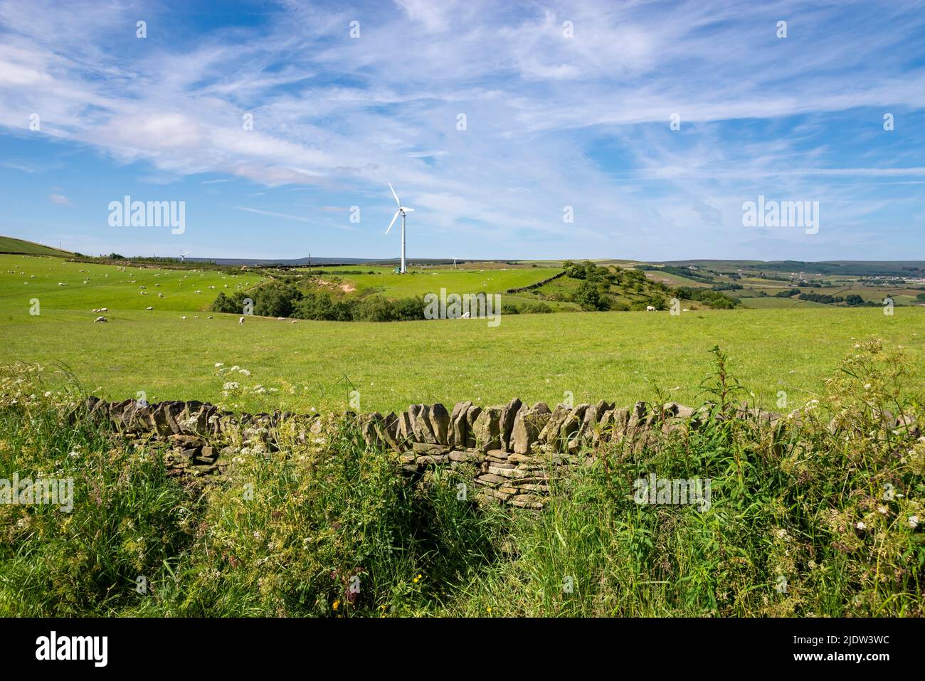 Wind turbine on a hilltop in West Yorkshire, Northern England Stock ...