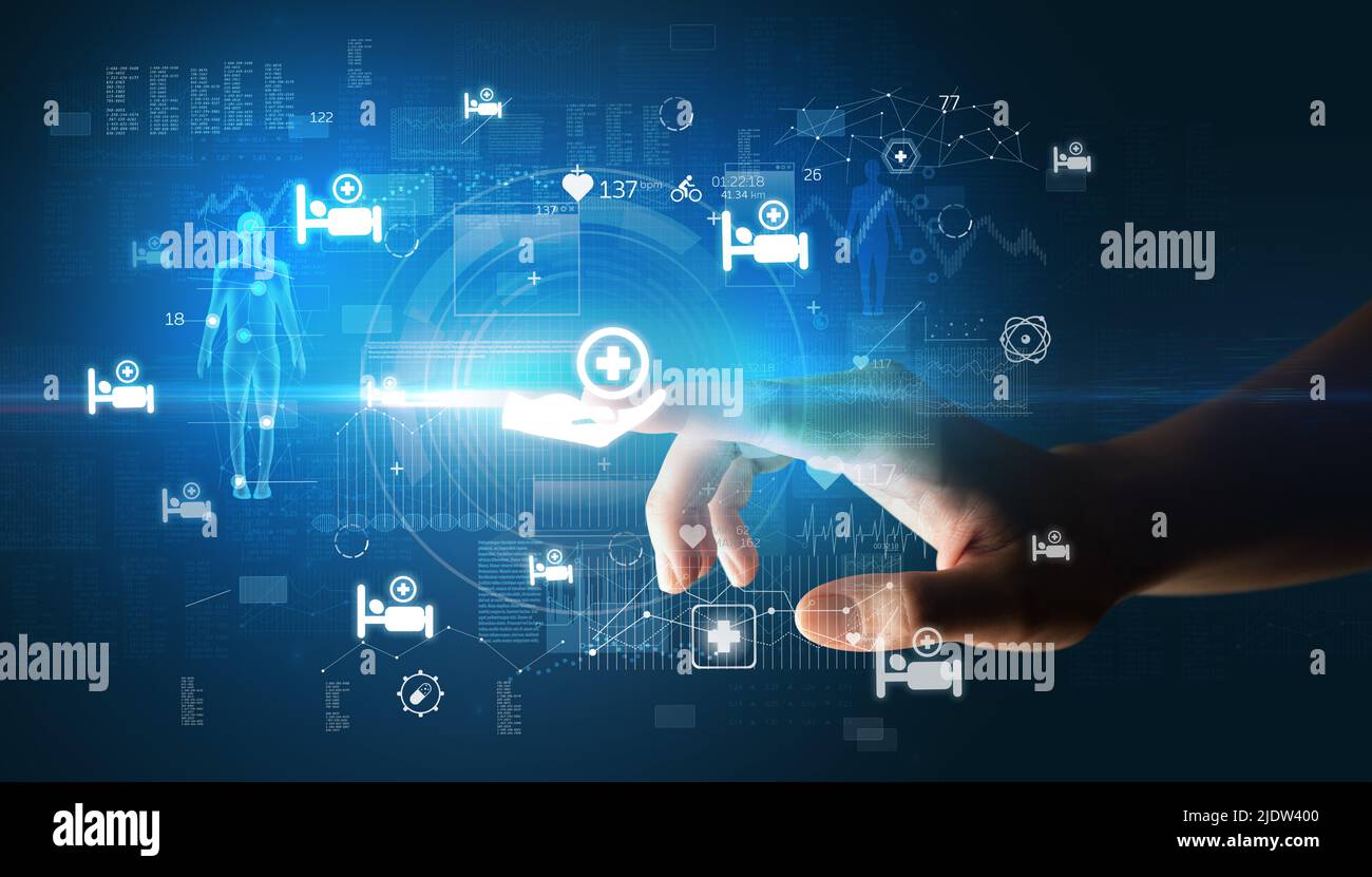 Doctor hand pressing futuristic health device with medical symbol on ...