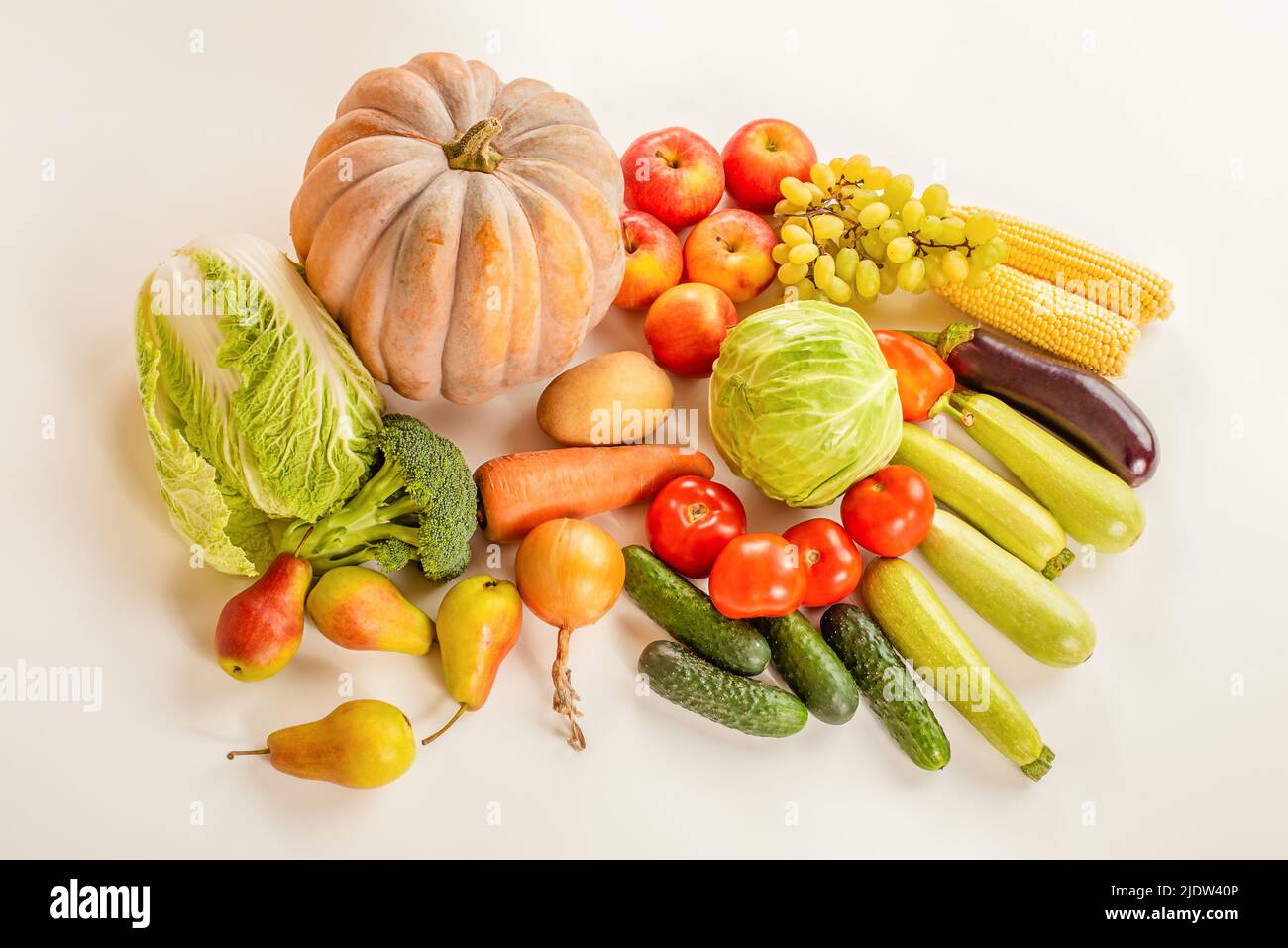 A variety of vegetables and fruits on a white background. Harvesting ...