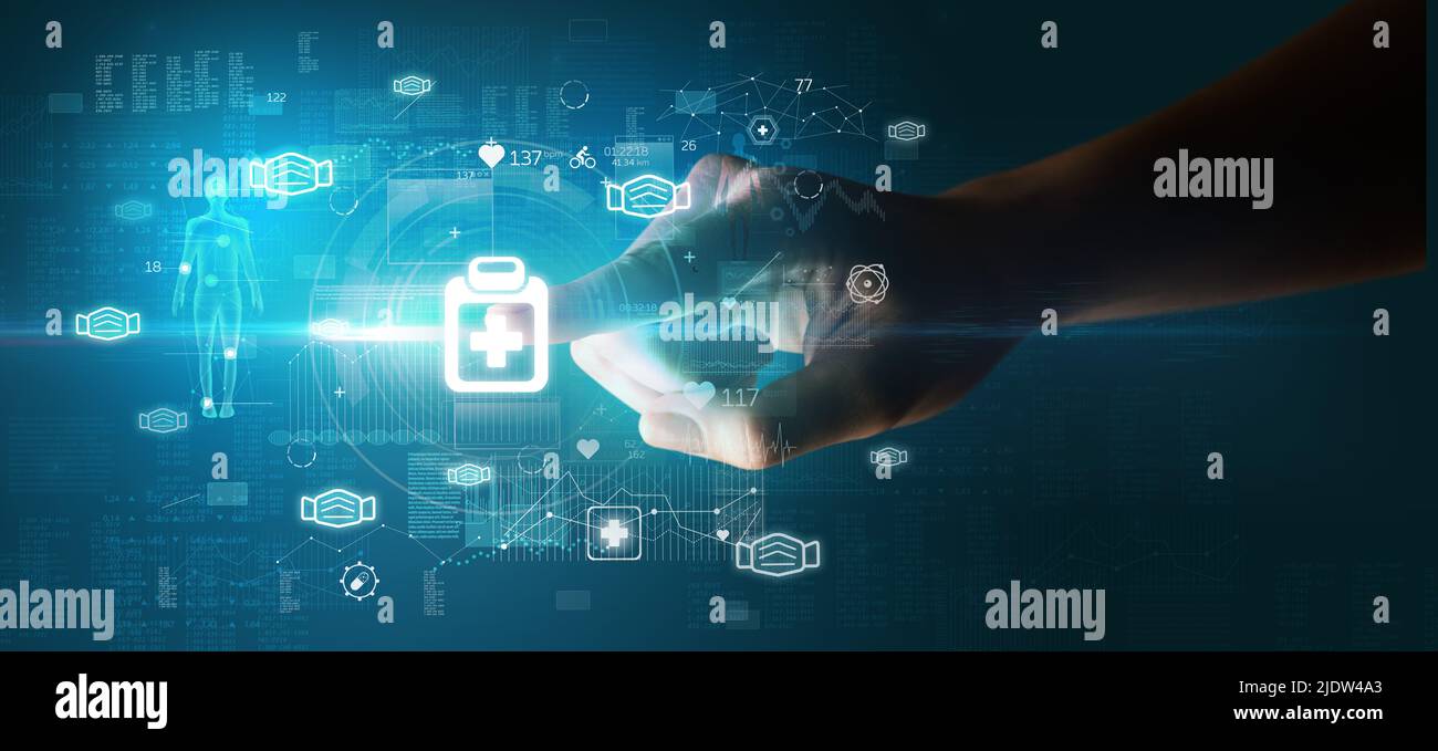 Doctor hand pressing futuristic health device with medical symbol on screen Stock Photo - Alamy