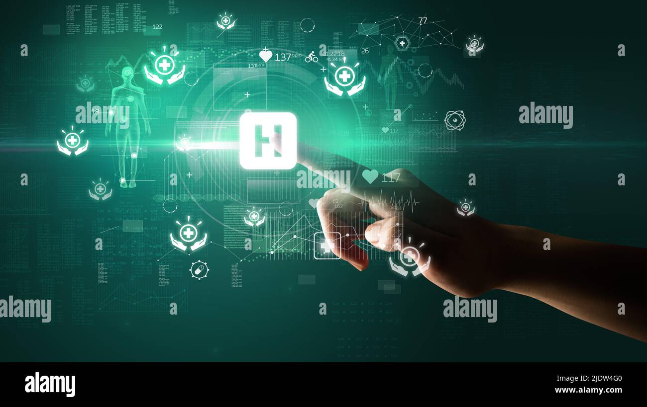 Doctor hand pressing futuristic health device with medical symbol on screen Stock Photo - Alamy