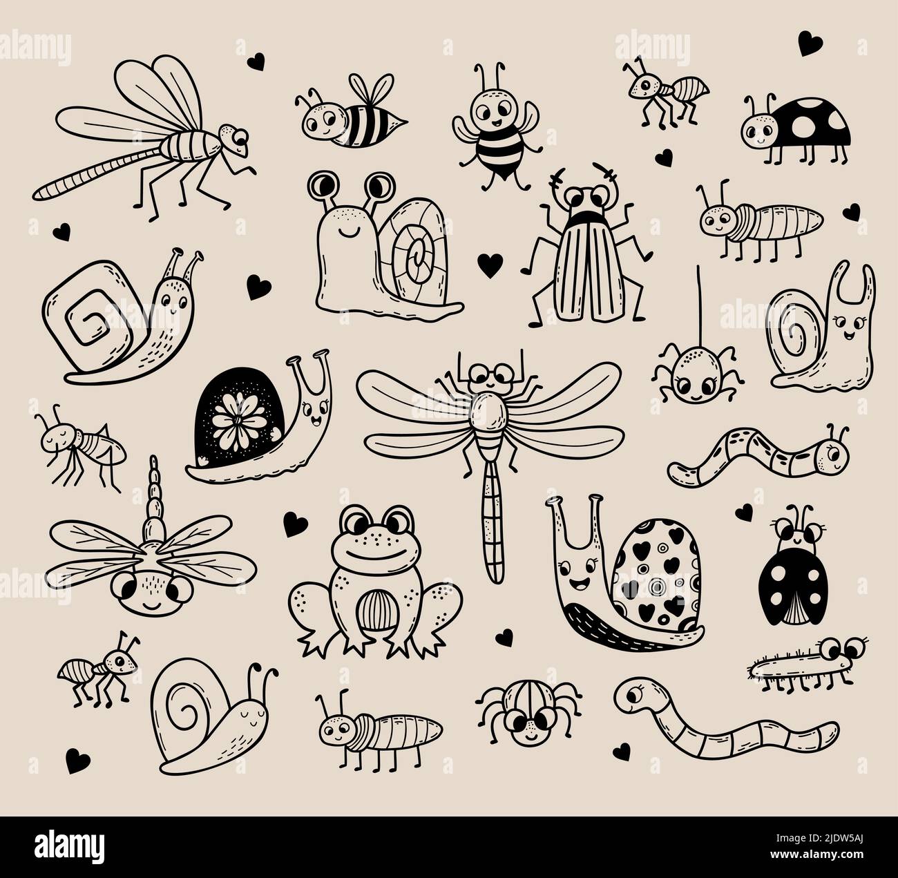 Vector set of cute insect doodles. Linear hand drawing. Funny ...
