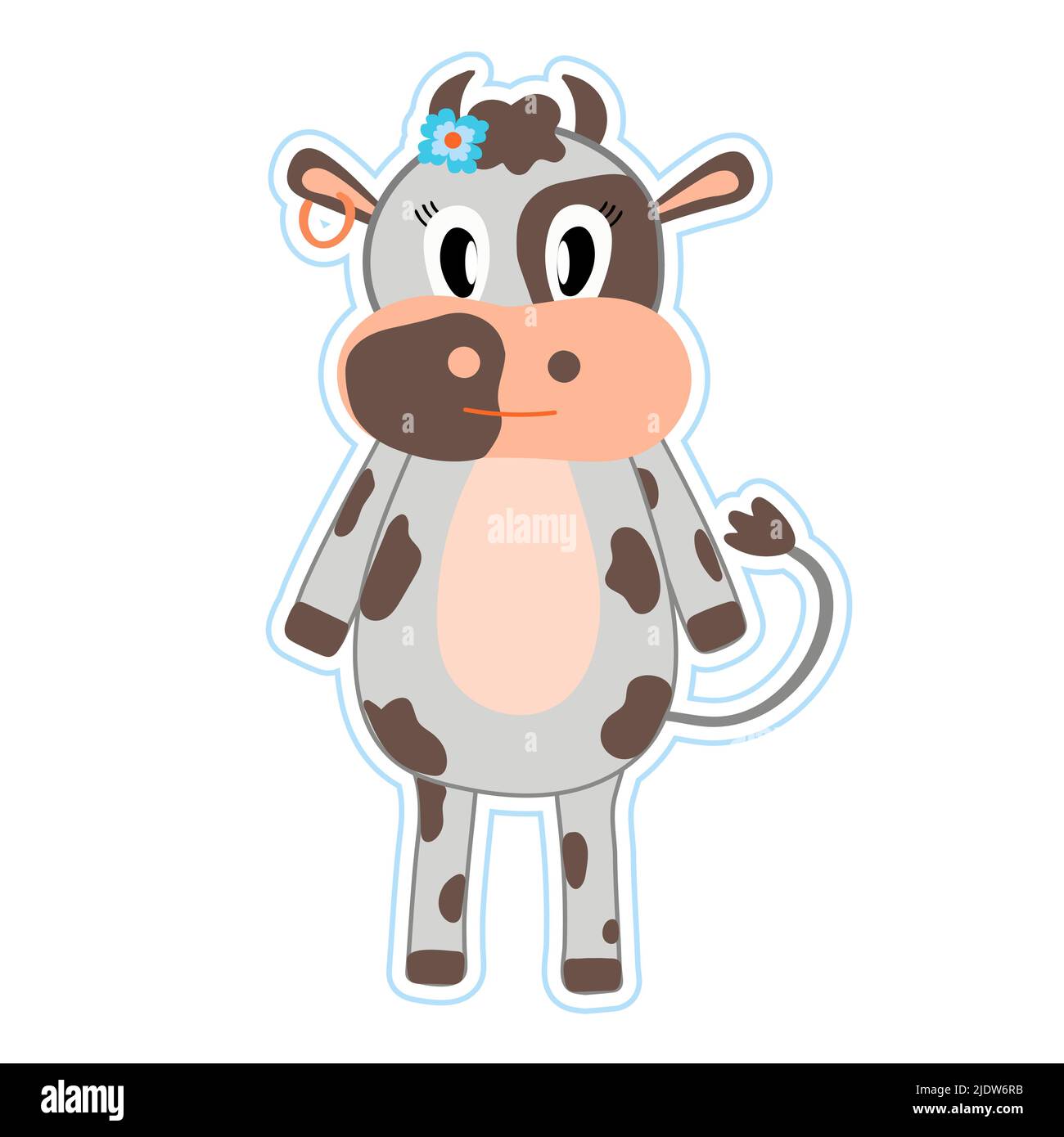 Sticker with a cute cow. Cartoon flat vector illustration. Milk day ...