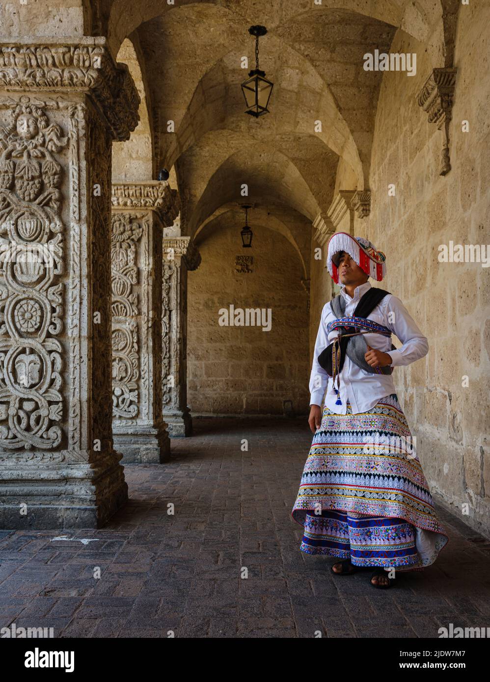 AREQUIPA, PERU - CIRCA SEPTEMBER 2019: Young Peruvian man wearing a ...