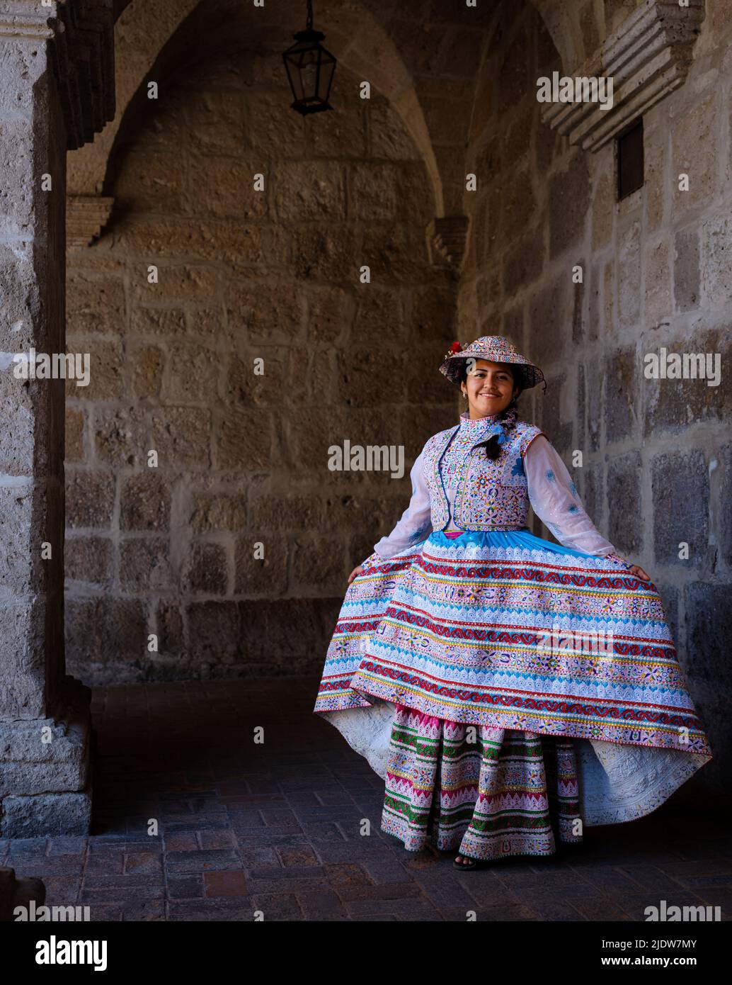 AREQUIPA, PERU - CIRCA SEPTEMBER 2019: Young Peruvian woman smiling and ...