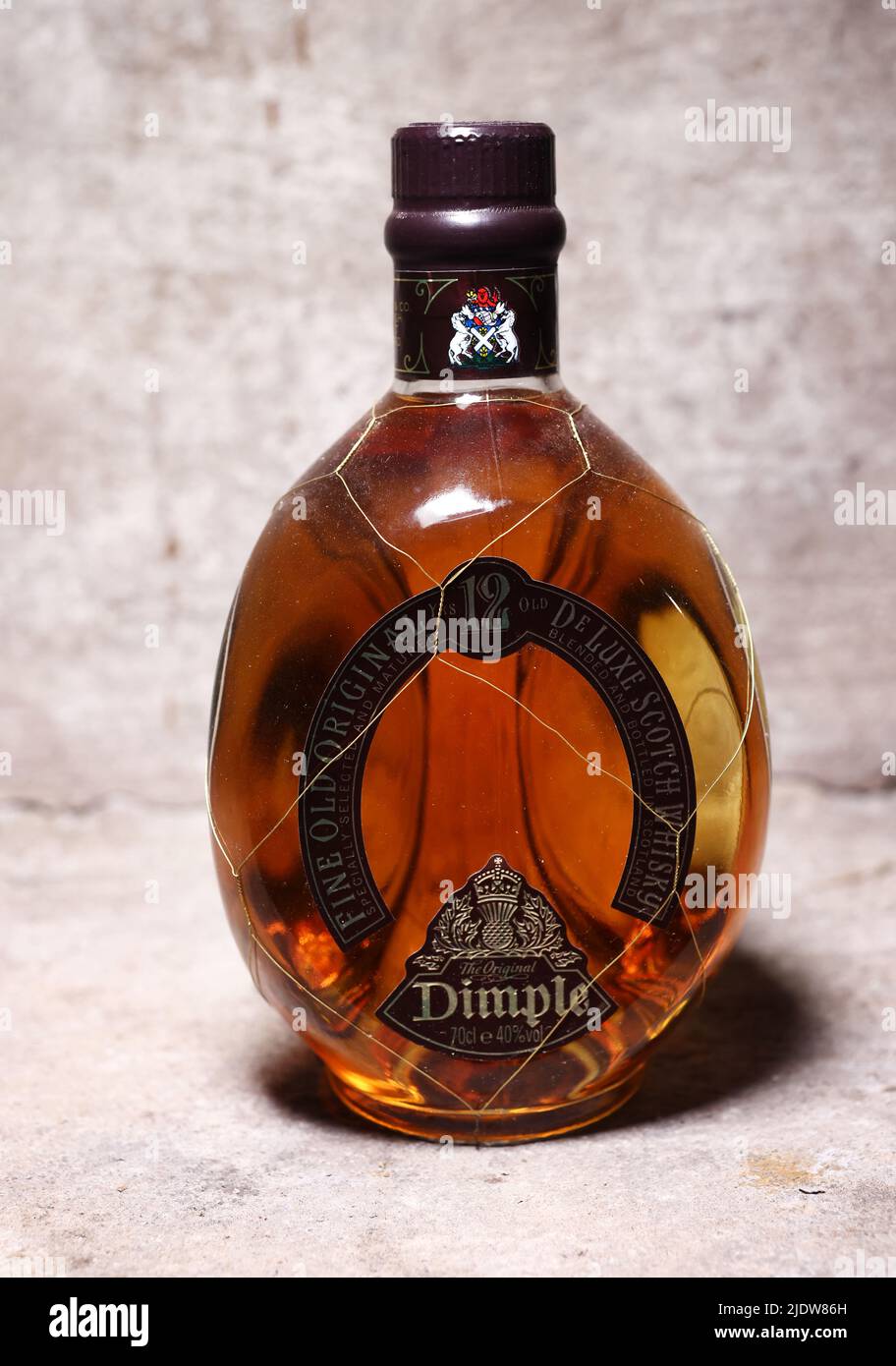 12 year old Dimple Scotch whisky, produced by Haig and owned by Diageo ...