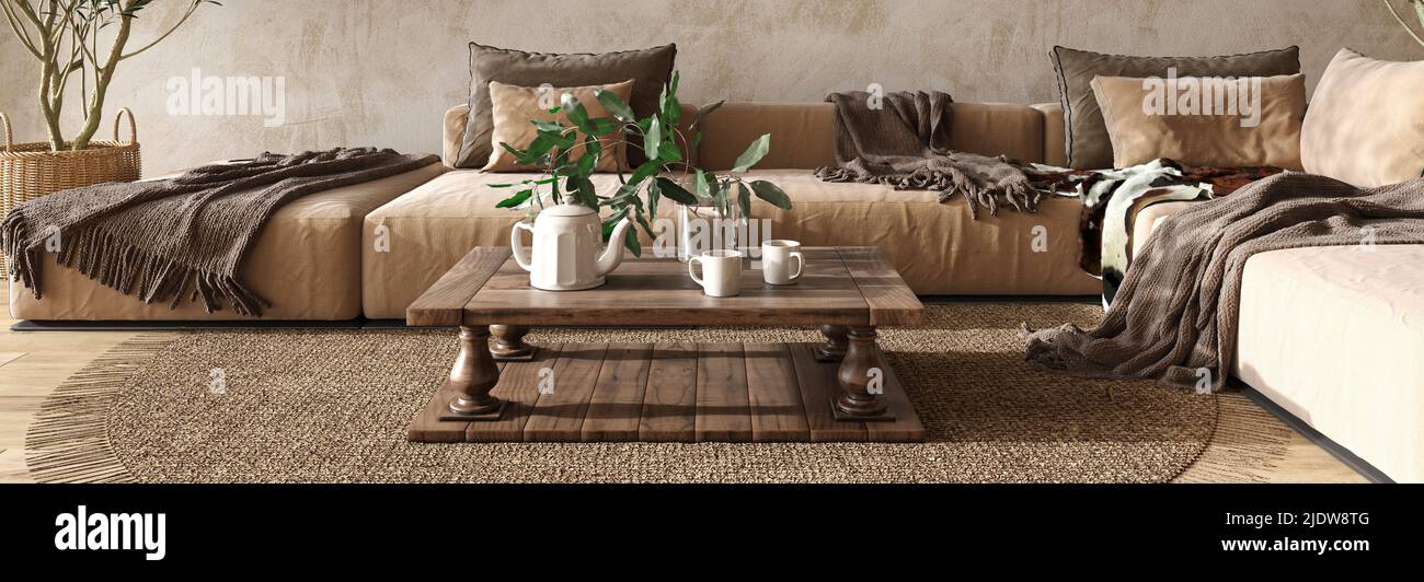 Scandinavian farmhouse style beige living room interior with natural ...