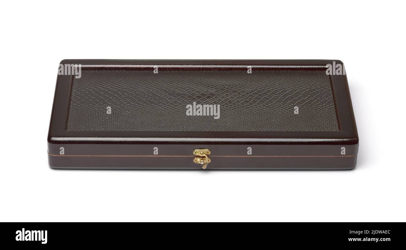 Front view of closed board game case made of wood and leather isolated ...