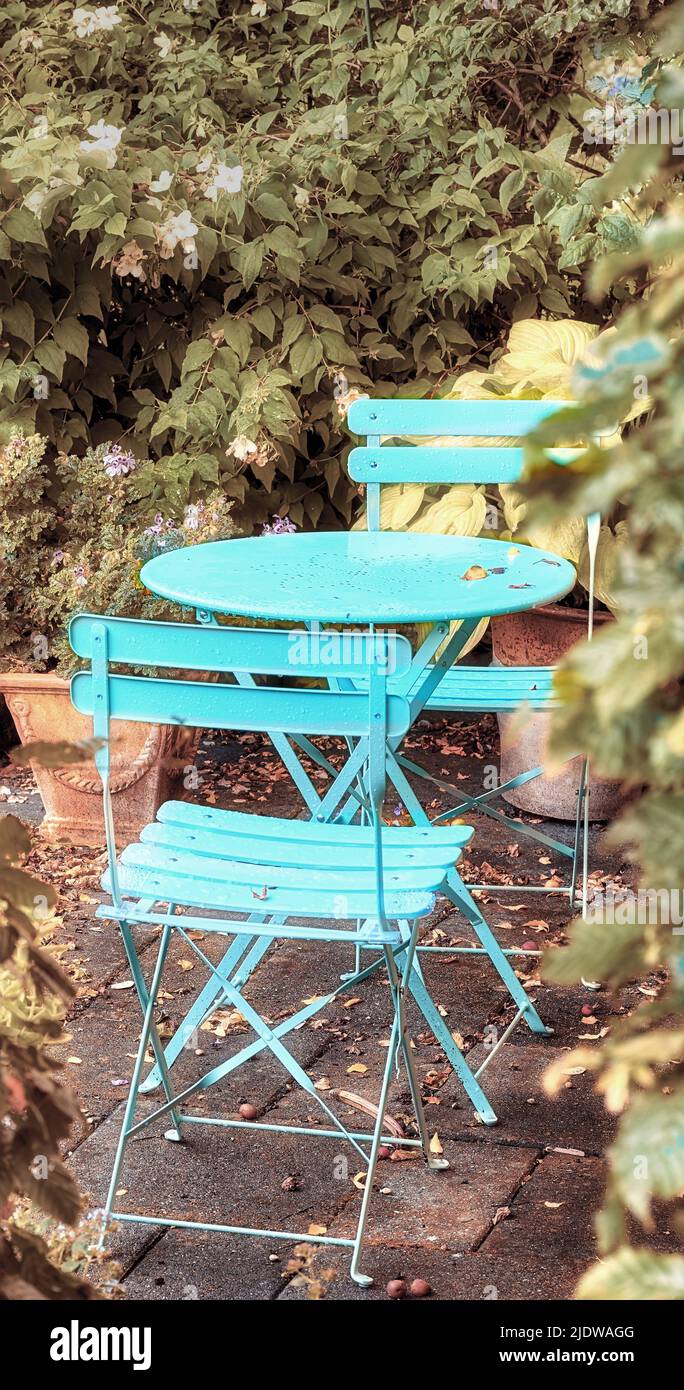Two courtyard chairs and a blue metal table in a peaceful private home ...