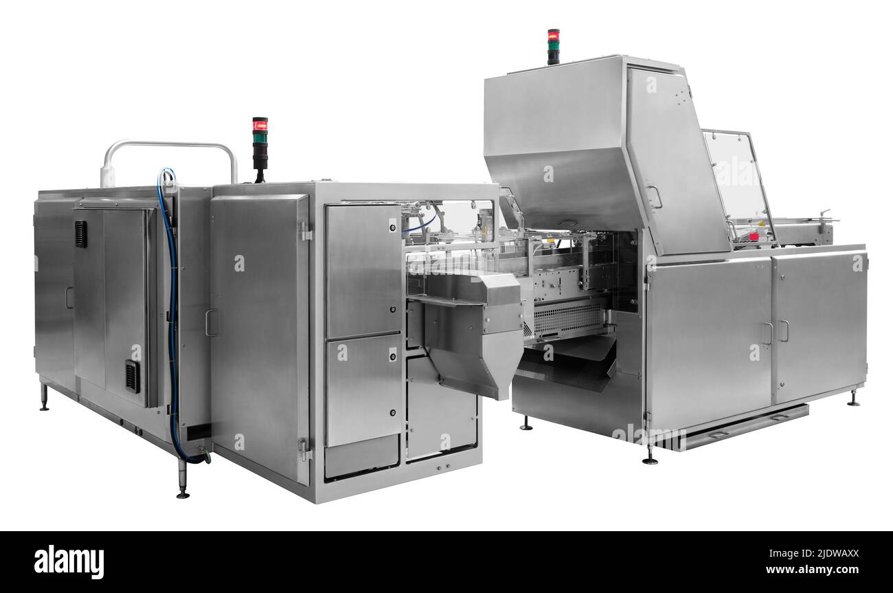 Industrial line for packaging of food products. Packing of bread at the ...