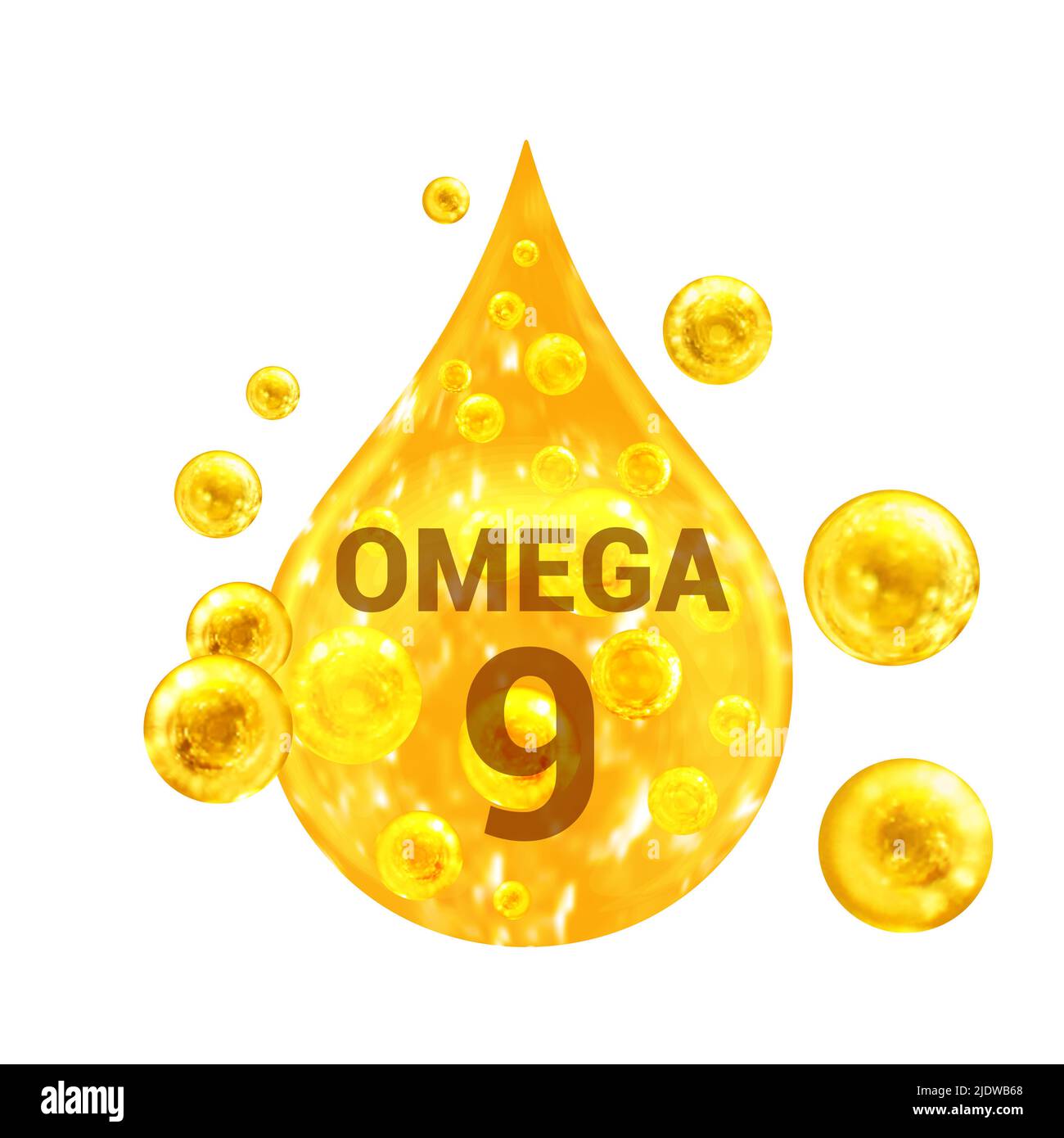 Vitamin OMEGA 9. Images golden drop and balls with oxygen bubbles ...