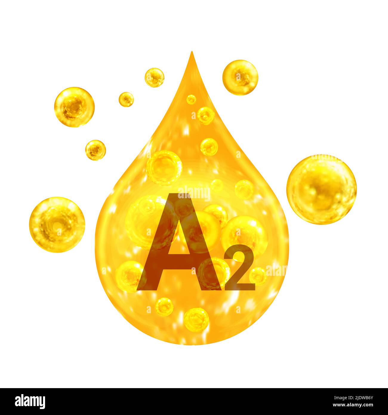 Vitamin A2. Images golden drop and balls with oxygen bubbles. Health ...