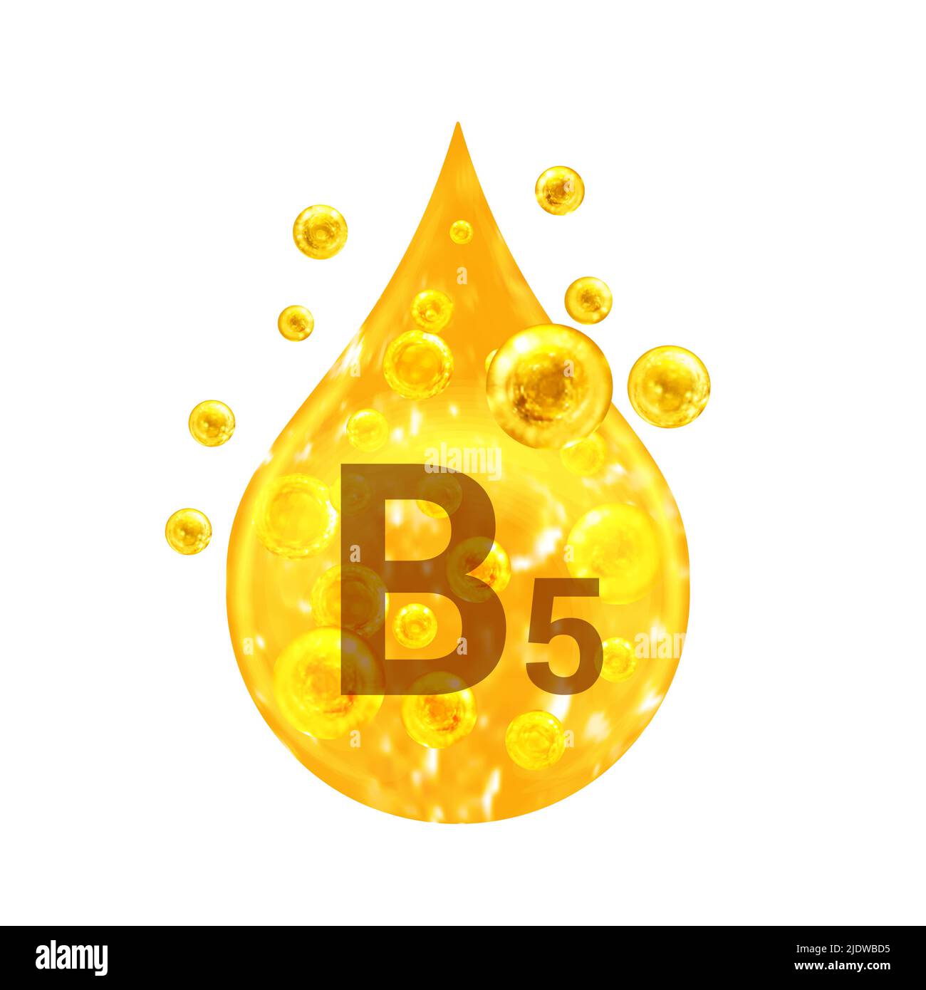 Vitamin B5. Images golden drop and balls with oxygen bubbles. Health ...