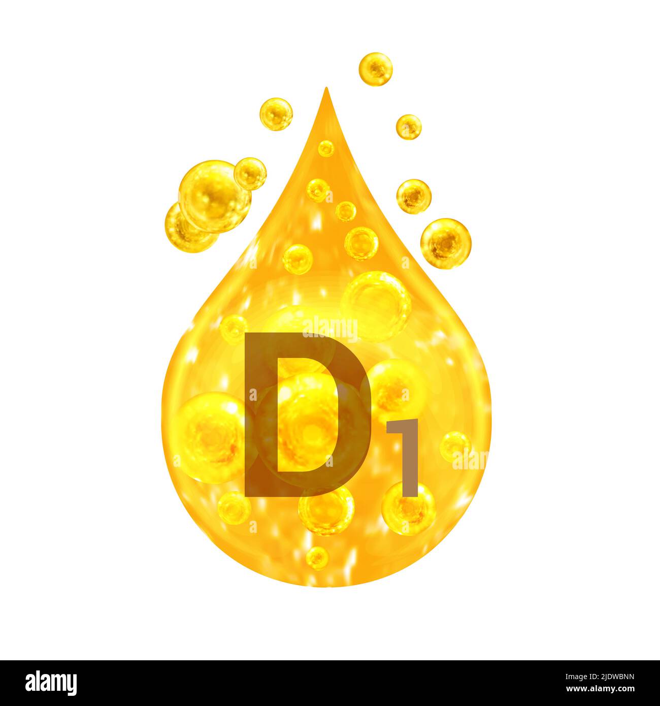 Vitamin D1. Images golden drop and balls with oxygen bubbles. Health ...