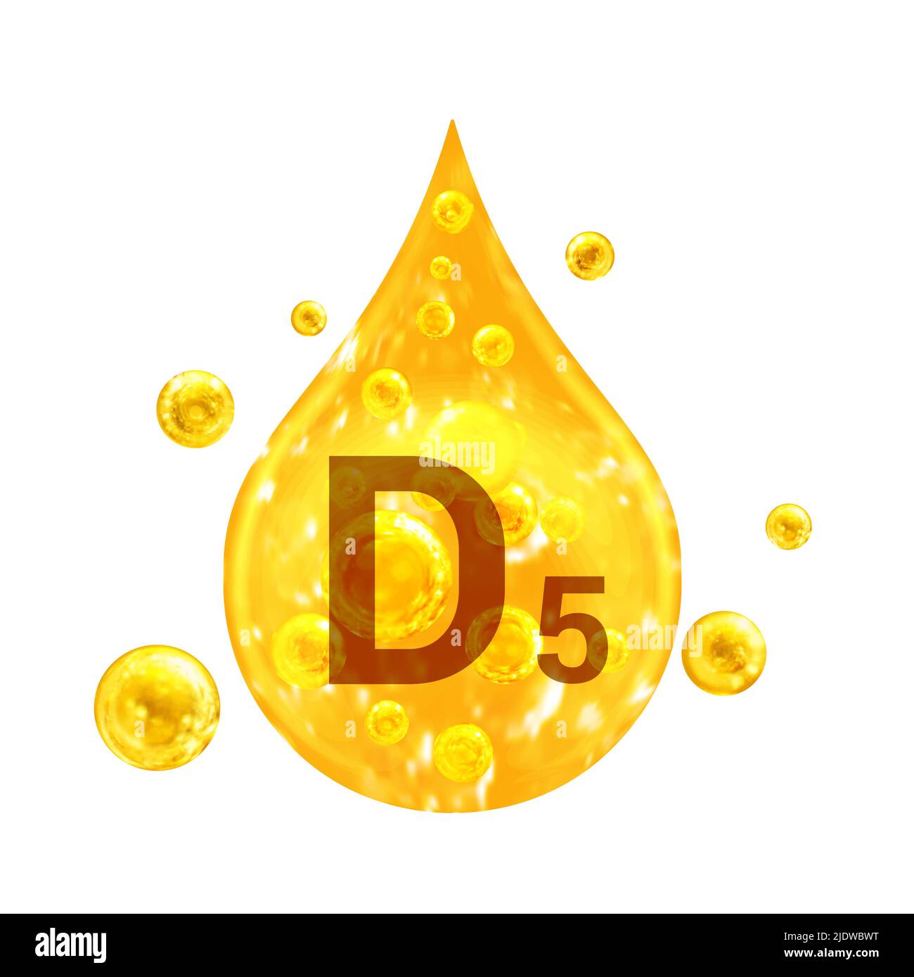 Vitamin D5. Images golden drop and balls with oxygen bubbles. Health ...