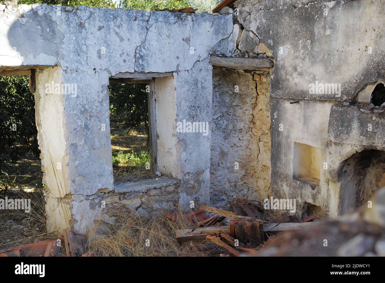 Historic building ruins with dirt and grass growing. Old ancient house ...