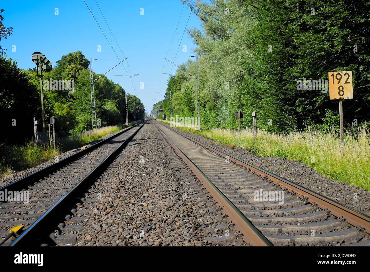 Perspective view of a railway track with trees and a blue sky Stock ...