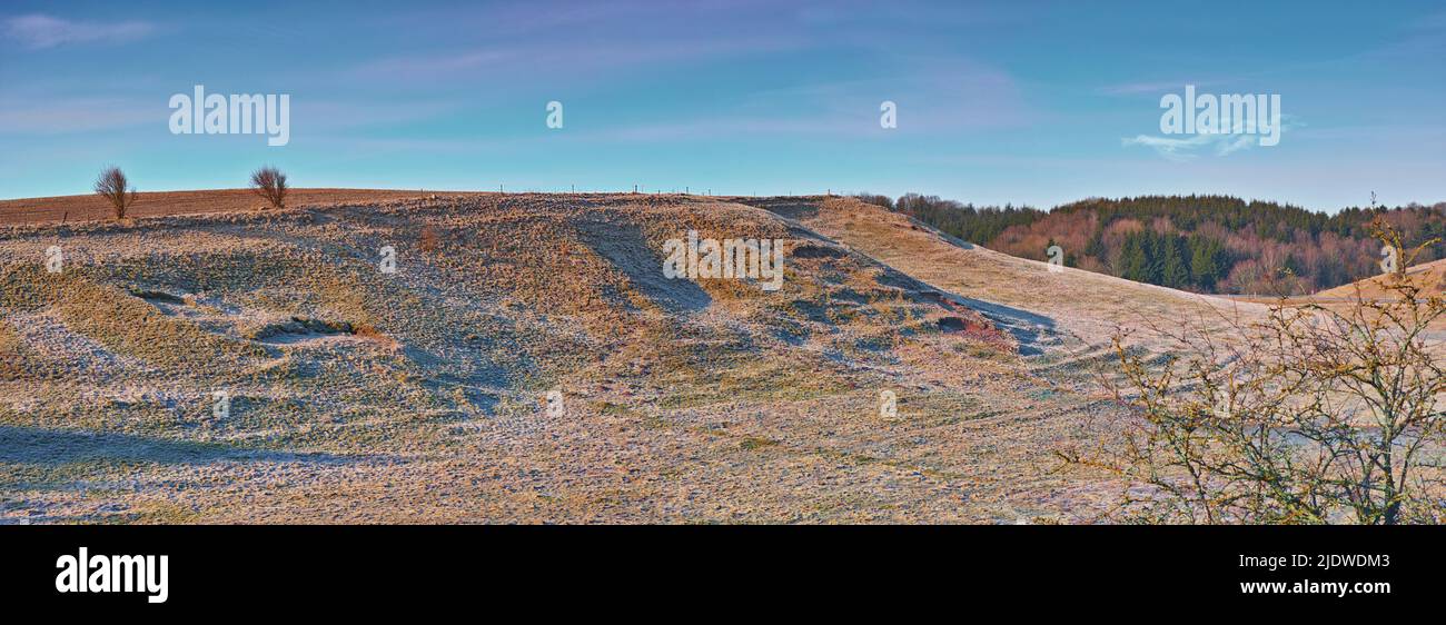 Barren desert hills with trees. Empty sandy mountain landscape with a ...