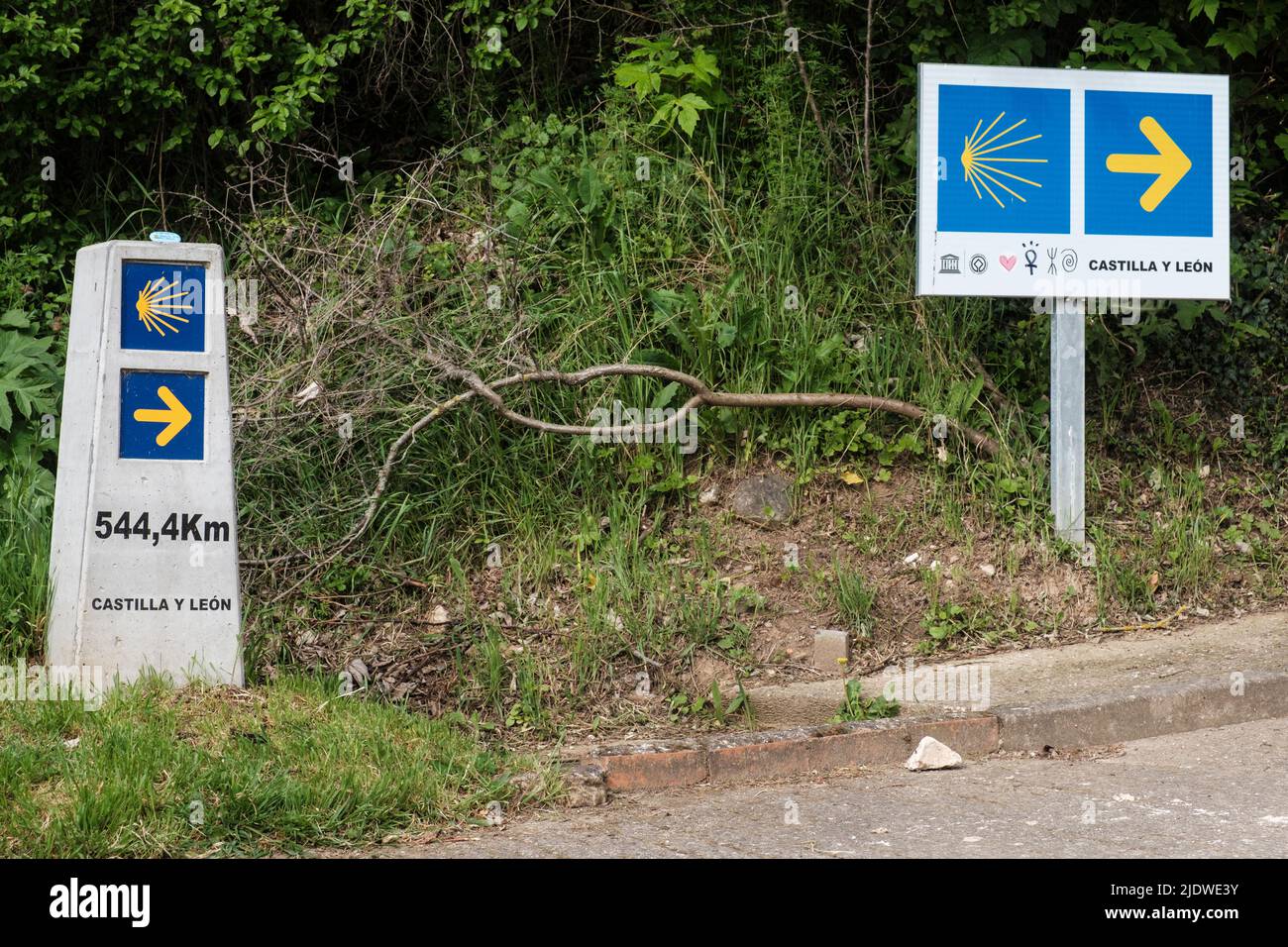 Spain, Camino de Santiago. Signs or Markers bearing Arrows and Scallop ...