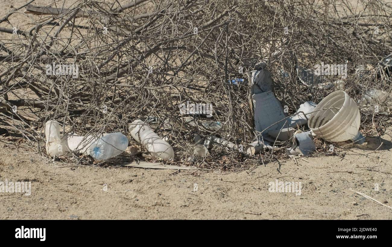 Plastic trash in the desert. Plastic pollution in sandy desert. Egypt ...