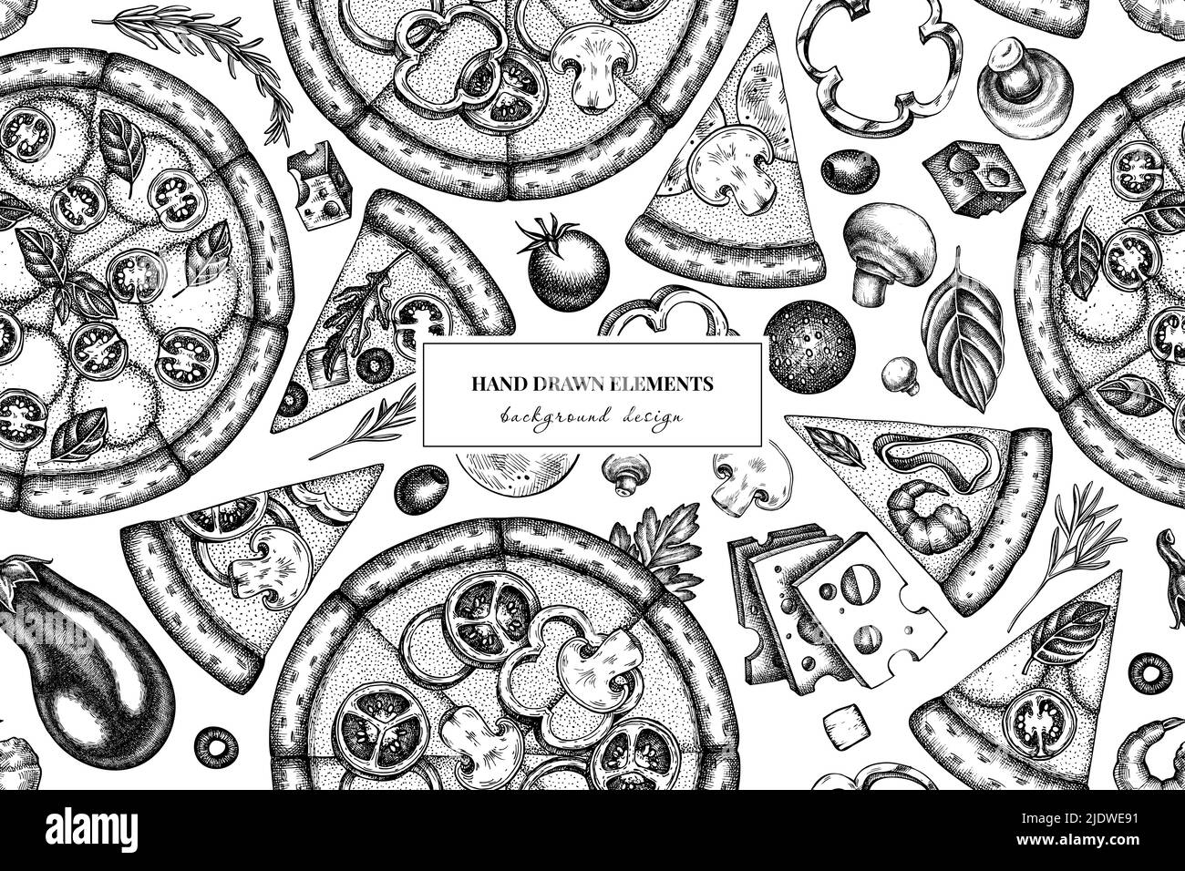Pizza seamless pattern background design. Engraved style. Hand drawn ...