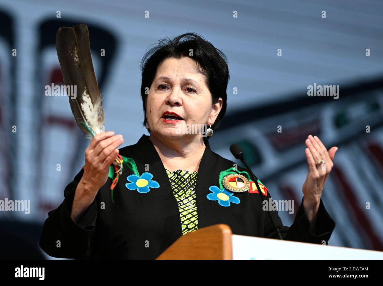 Elder Claudette Commanda speaks during an endorsement ceremony for the ...