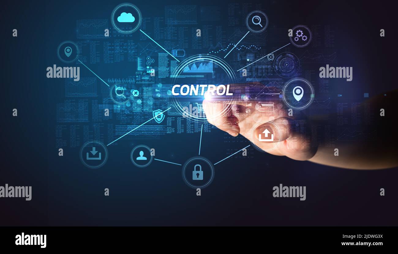 Hand touching cybersecurity button concept Stock Photo - Alamy