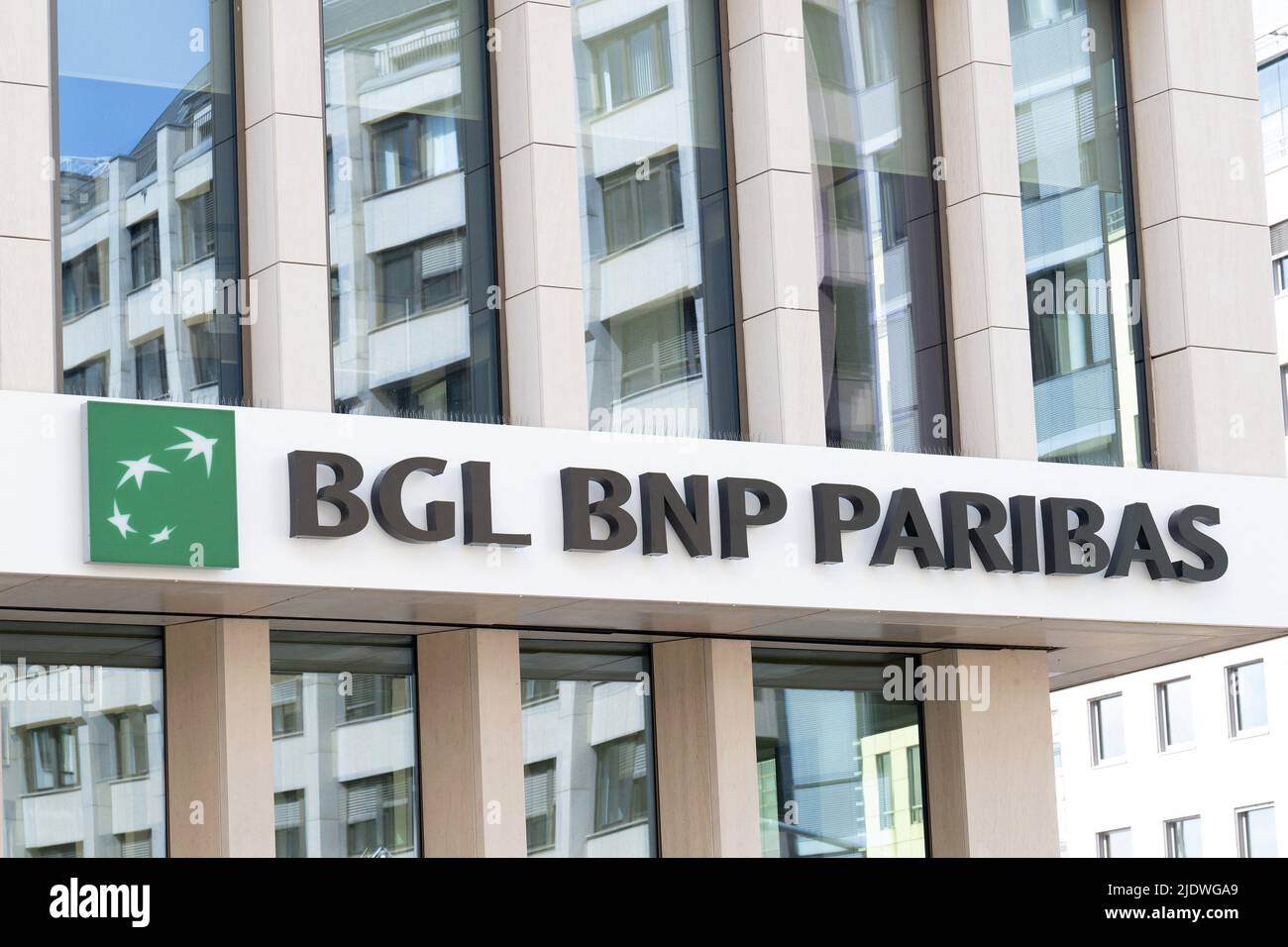 A shop sign of BGL BNP PARIBAS, on June 23, 2022 in Luxembourg City ...
