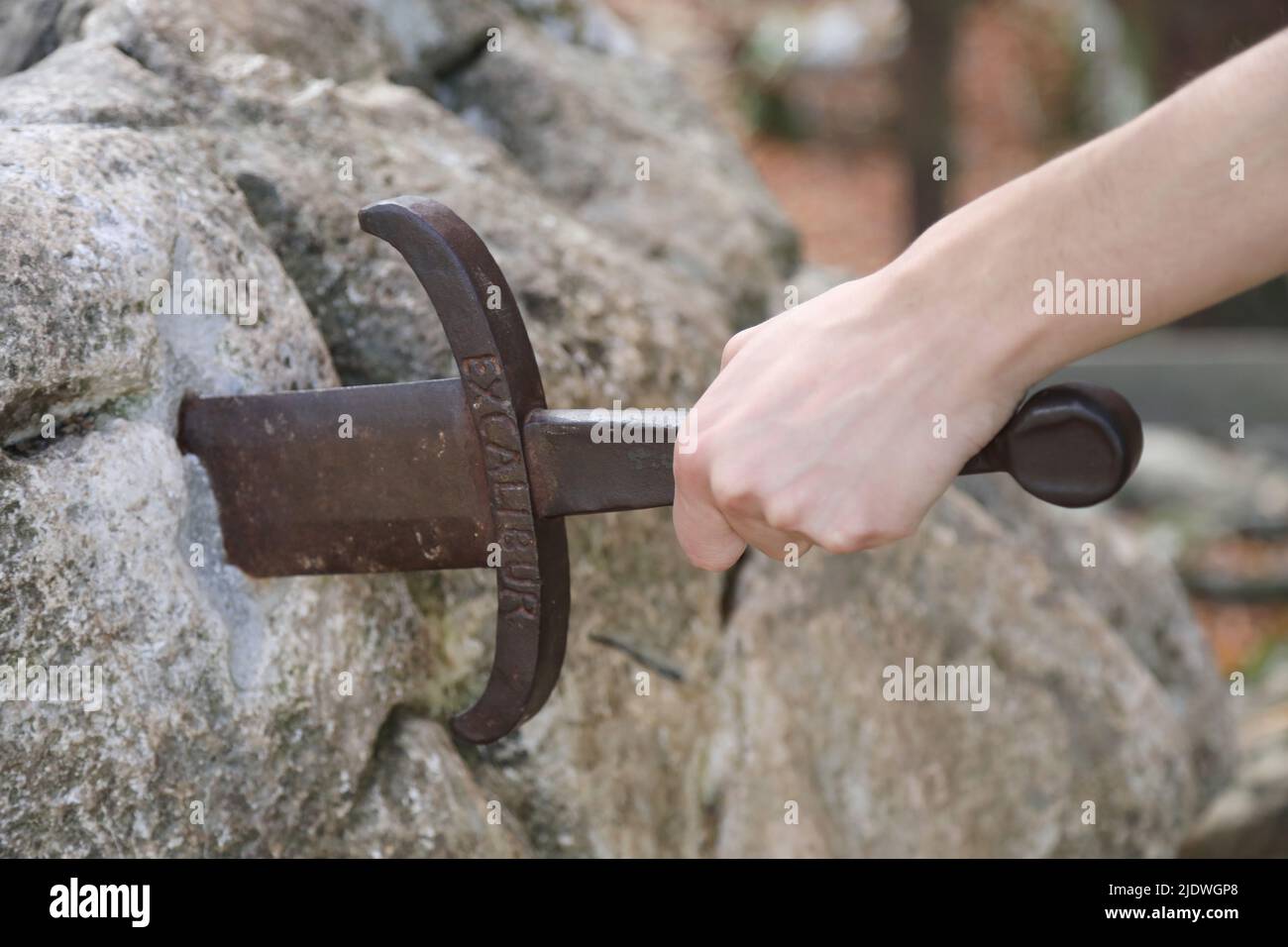 hand of the young knight trying to extract the sacred sword called ...
