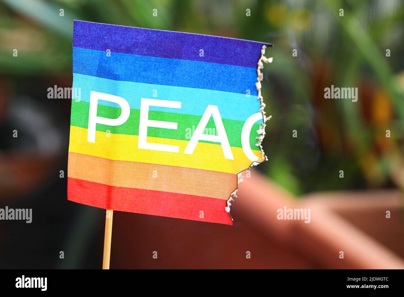 multicolored peace flag burned and part of the text can be read ...