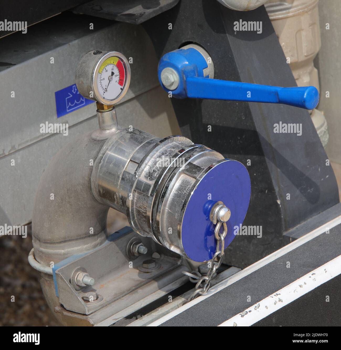 detail of the metal coupling of the fire brigade hose to use the water ...