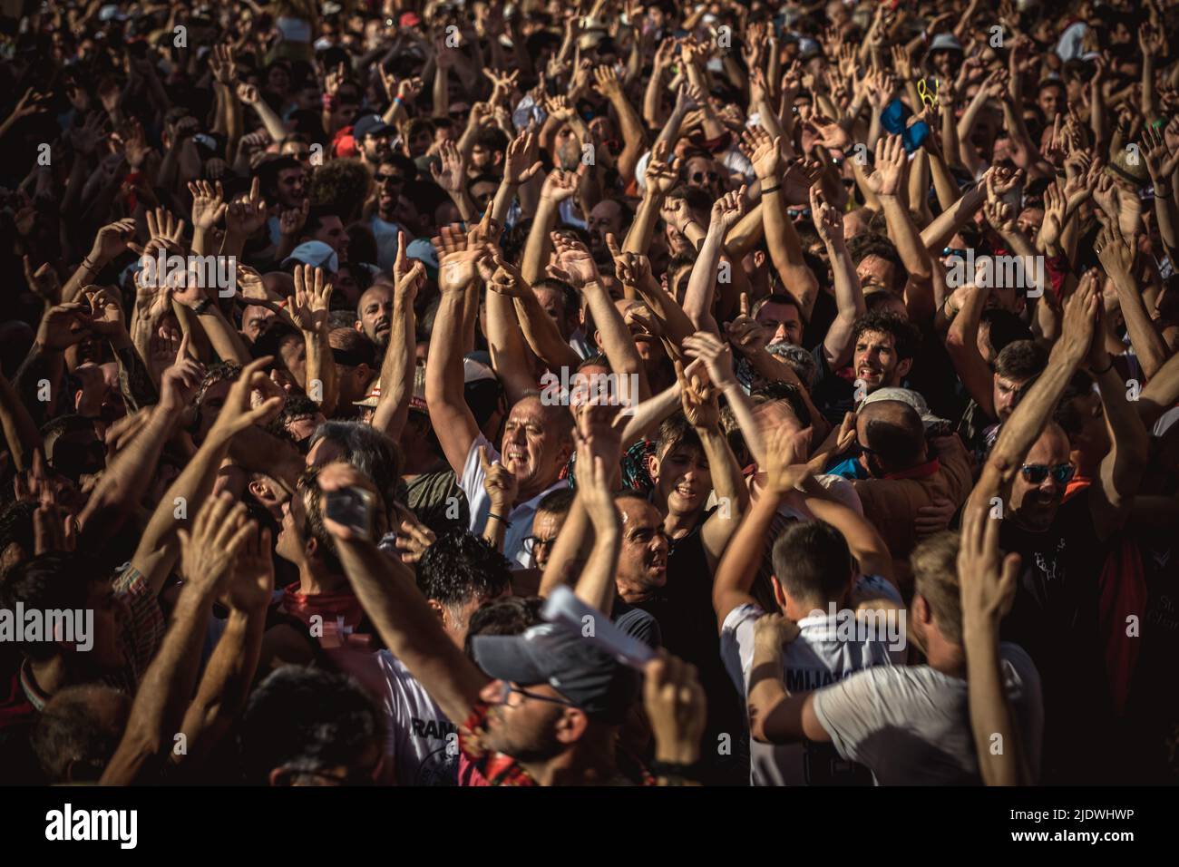 Ciutadella, Spain. 23rd June, 2022. A cheering crowd celebrates the ...