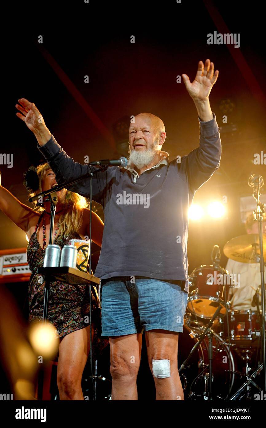 Glastonbury founder Michael Eavis performing with his band in the ...