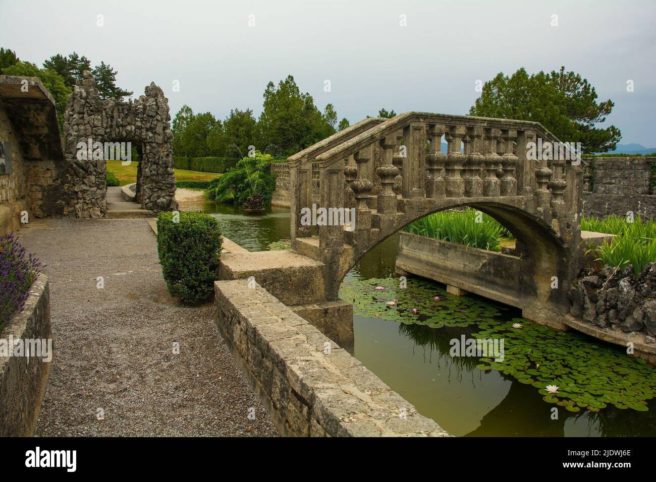 Stanjel, Slovenia - June 22nd 2022. The bridge to the island in the ...