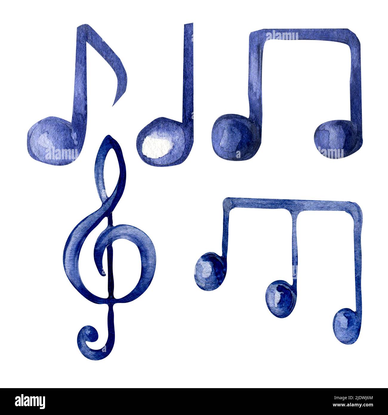 Set of treble clef and notes watercolor illustration on white ...