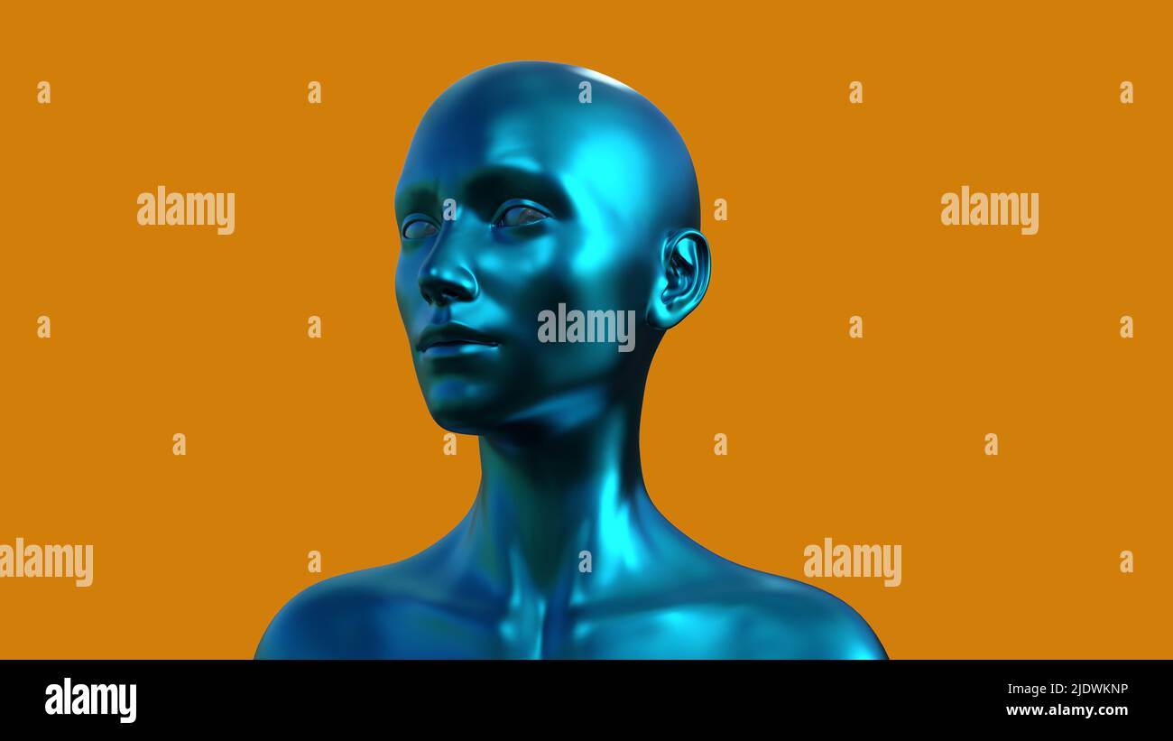 3d illustration. Portrait of a blue bald woman on an orange background ...